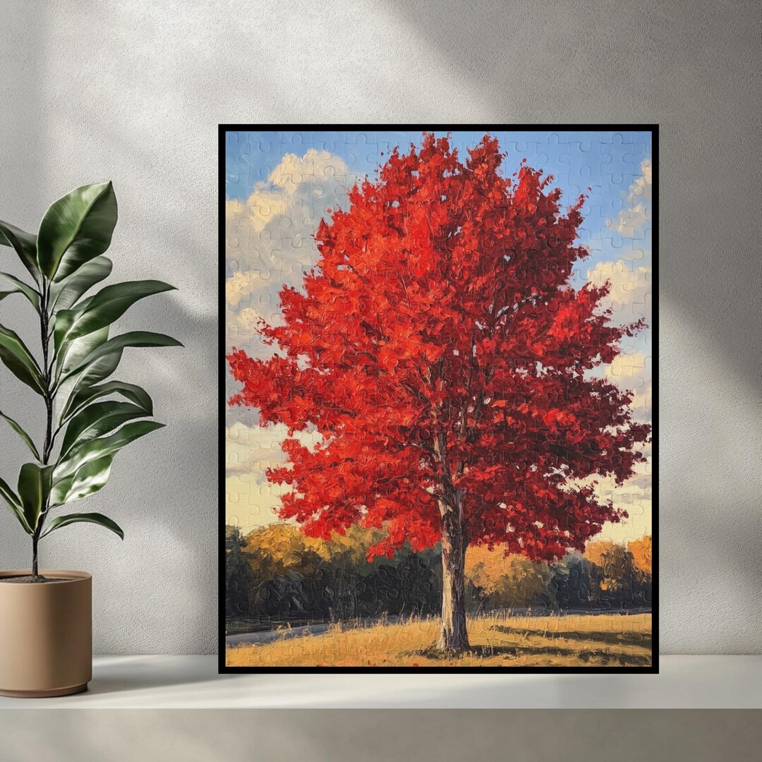 Maple Tree Puzzle, Vibrant Red Fall Maple Oil Painting Art Jigsaw ...