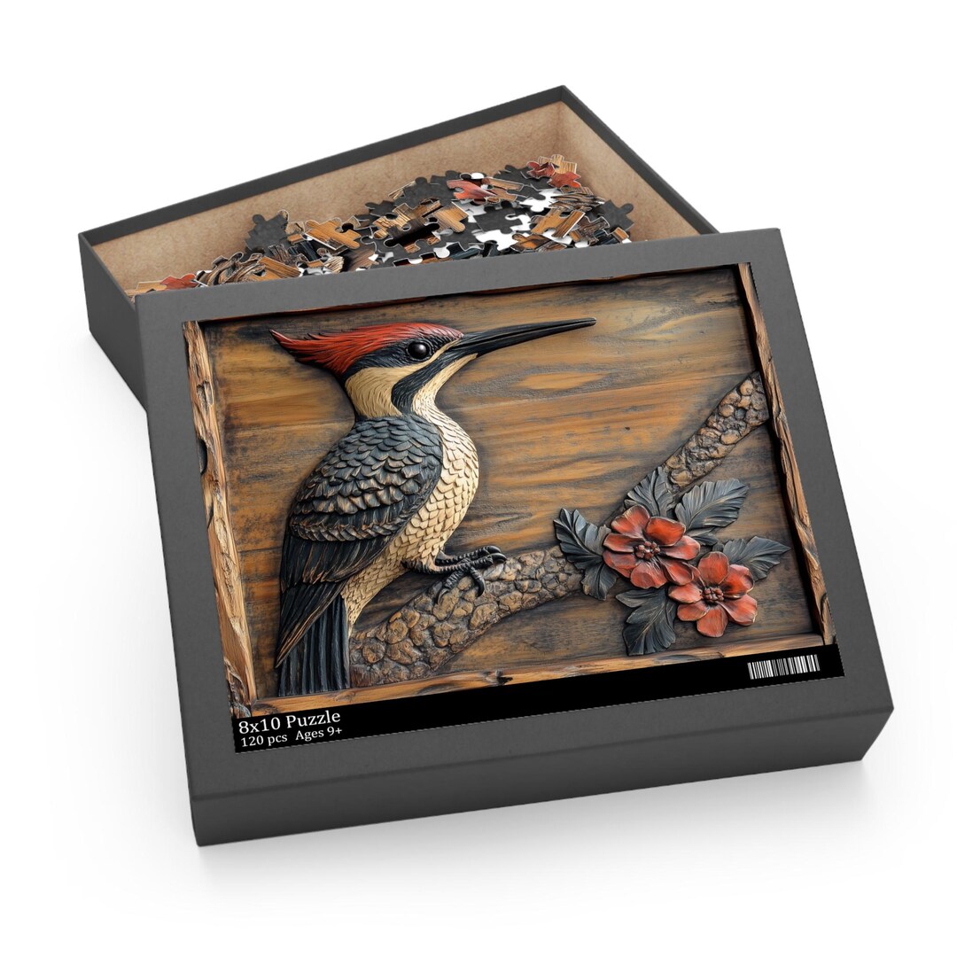 Wood Carved Print Effect Woodpecker Jigsaw Puzzle, Woodpecker Puzzle ...