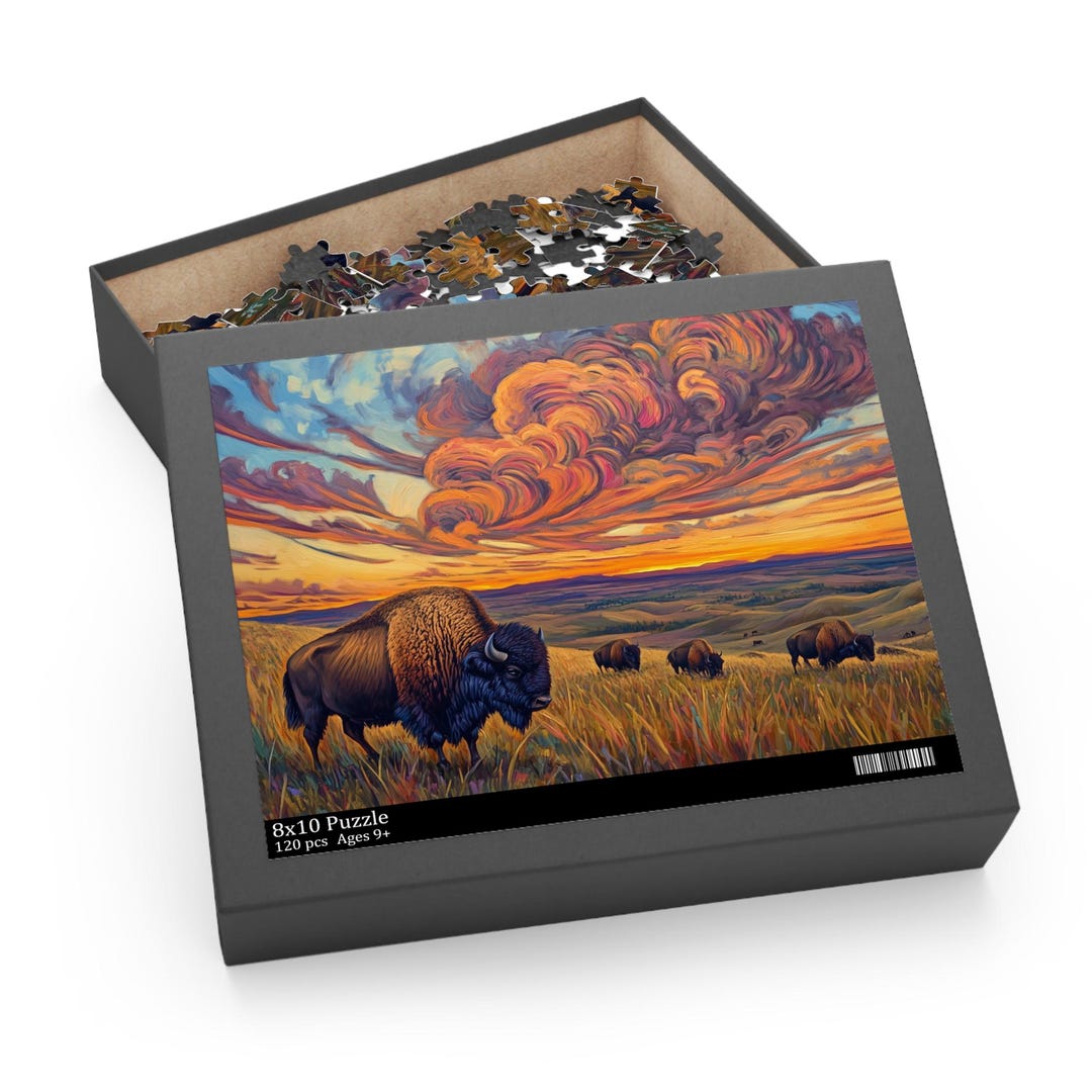 Bison Art Puzzle, Colorful Bison Herd Jigsaw, Colorful Clouds and ...