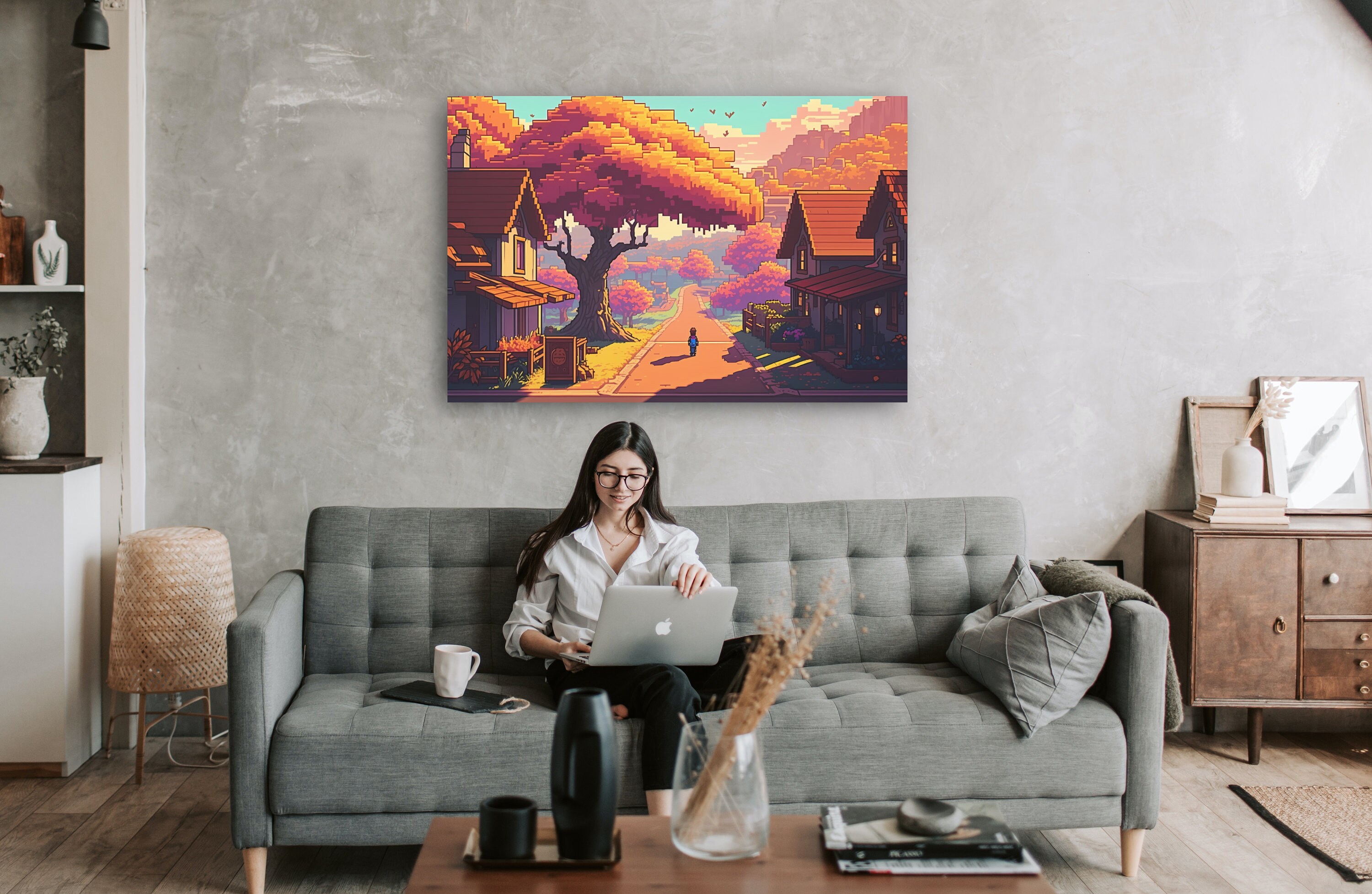 Pixel Art Japanese Video Game Town Wall Art, Video Game Village, Pixel ...