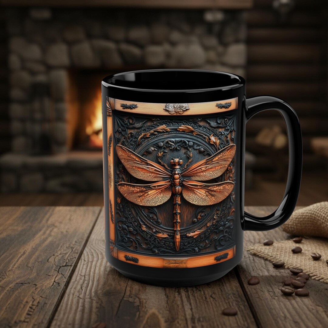 Dragonfly Mug, Rustic Wood Style Insect Coffee Cup, Garden Cottagecore ...