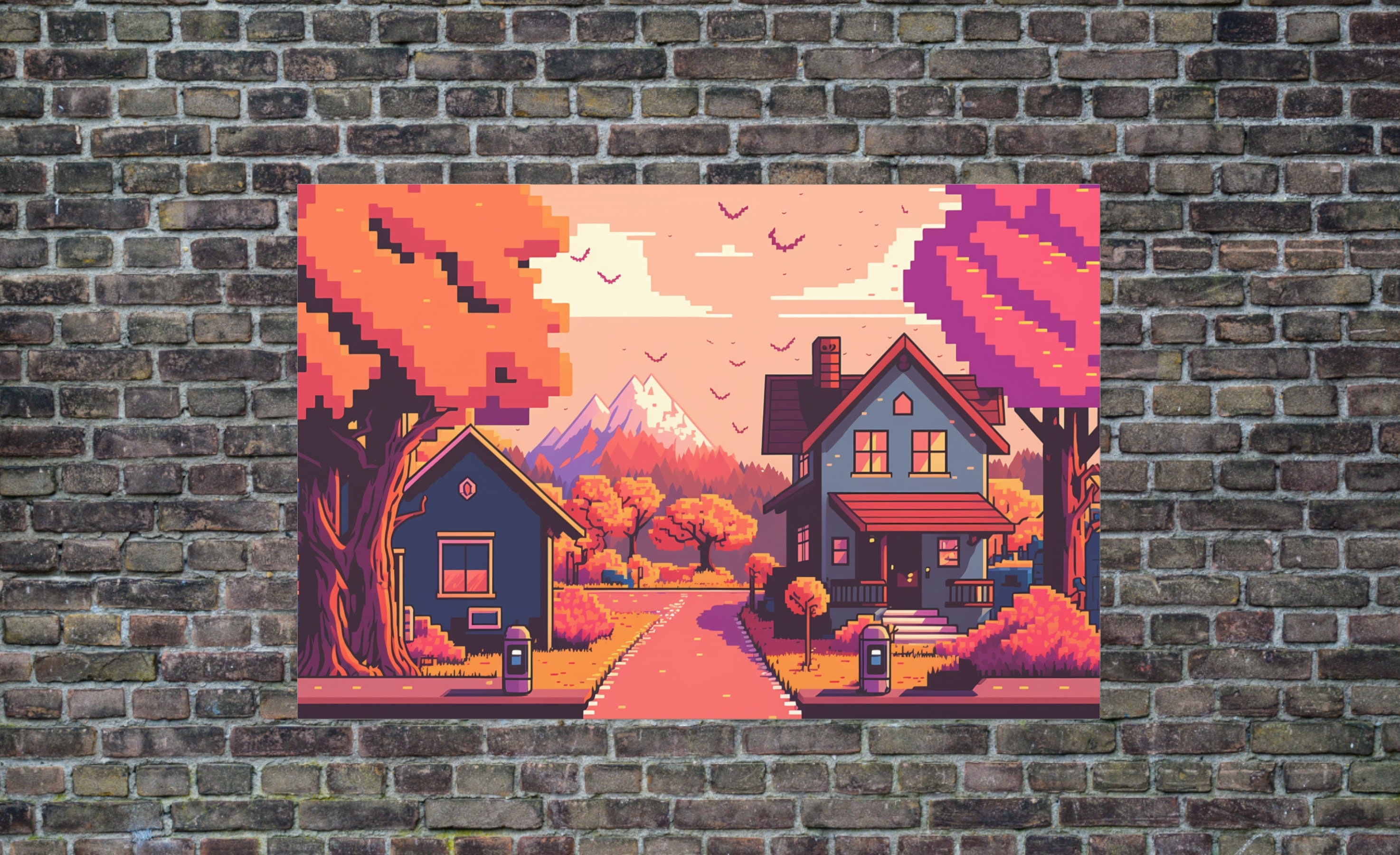 Japanese Video Game Pixel Art Town Wall Art, Video Game Village, Pixel ...