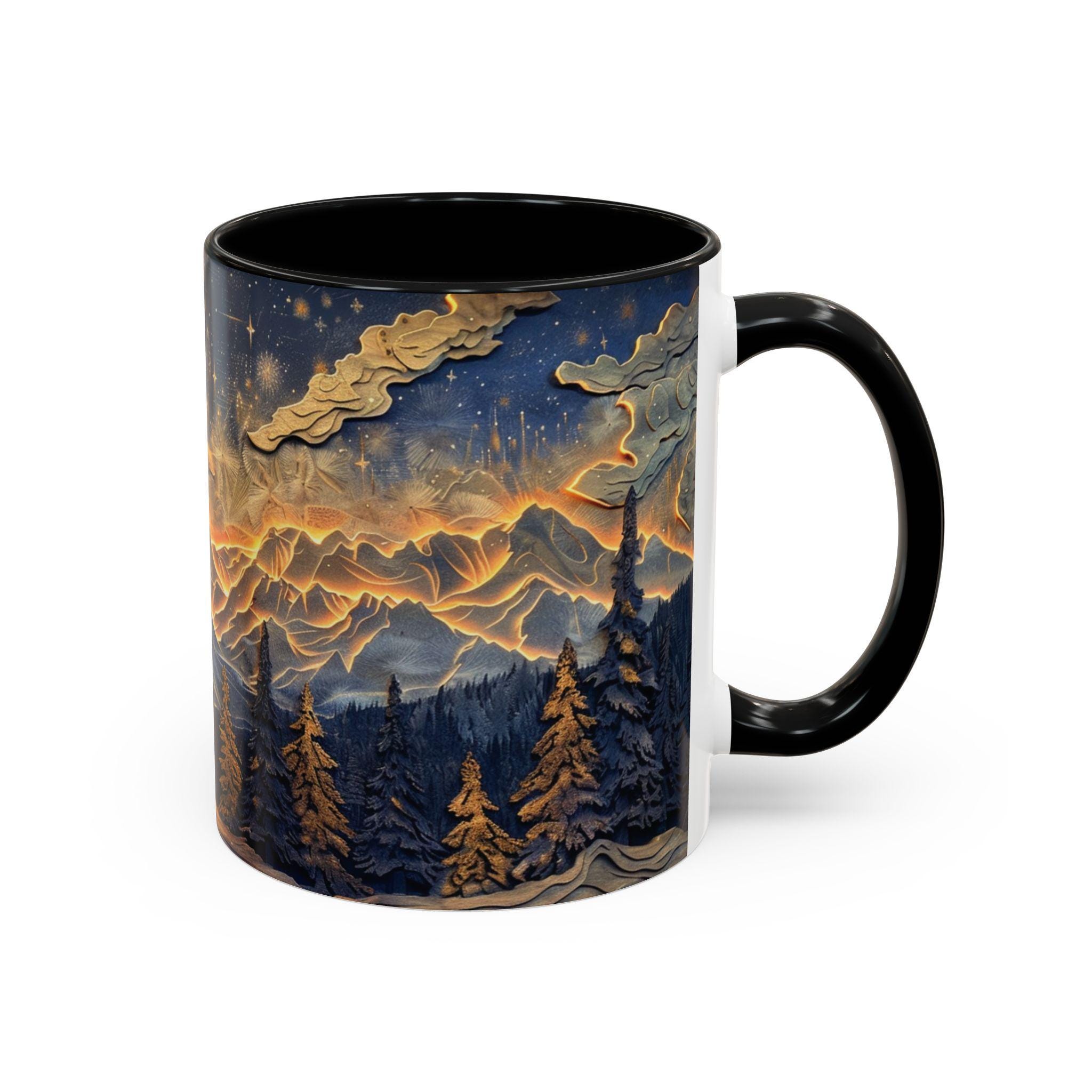Mountain and Trees Mug Coffee Mug Wood Panel Effect Tea Mug Carved Wood ...