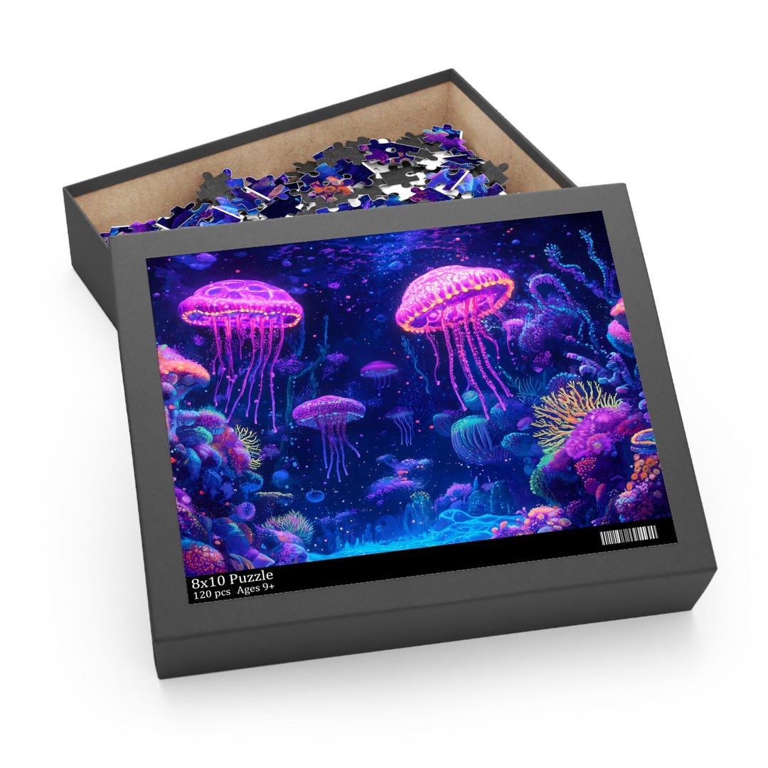 Jellyfish Puzzle, Neon Glowing Undersea Puzzle Psychedelic Ocean ...