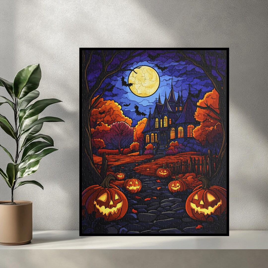 Stained Glass Halloween Puzzle Haunted House Puzzle Spooky Puzzle ...