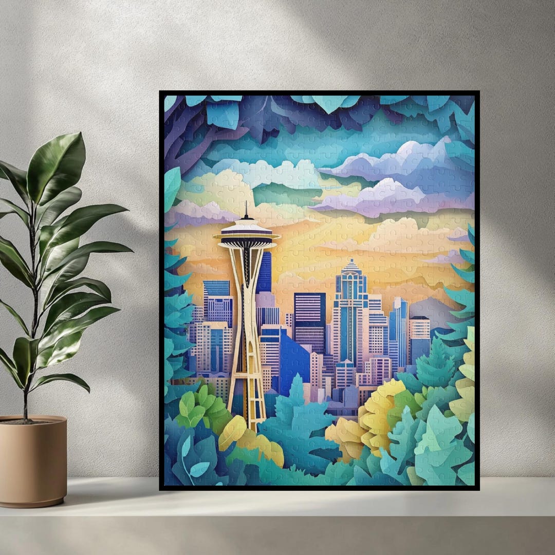 Artistic Seattle Skyline Jigsaw, Seattle Puzzle, Watercolor Paper Art ...