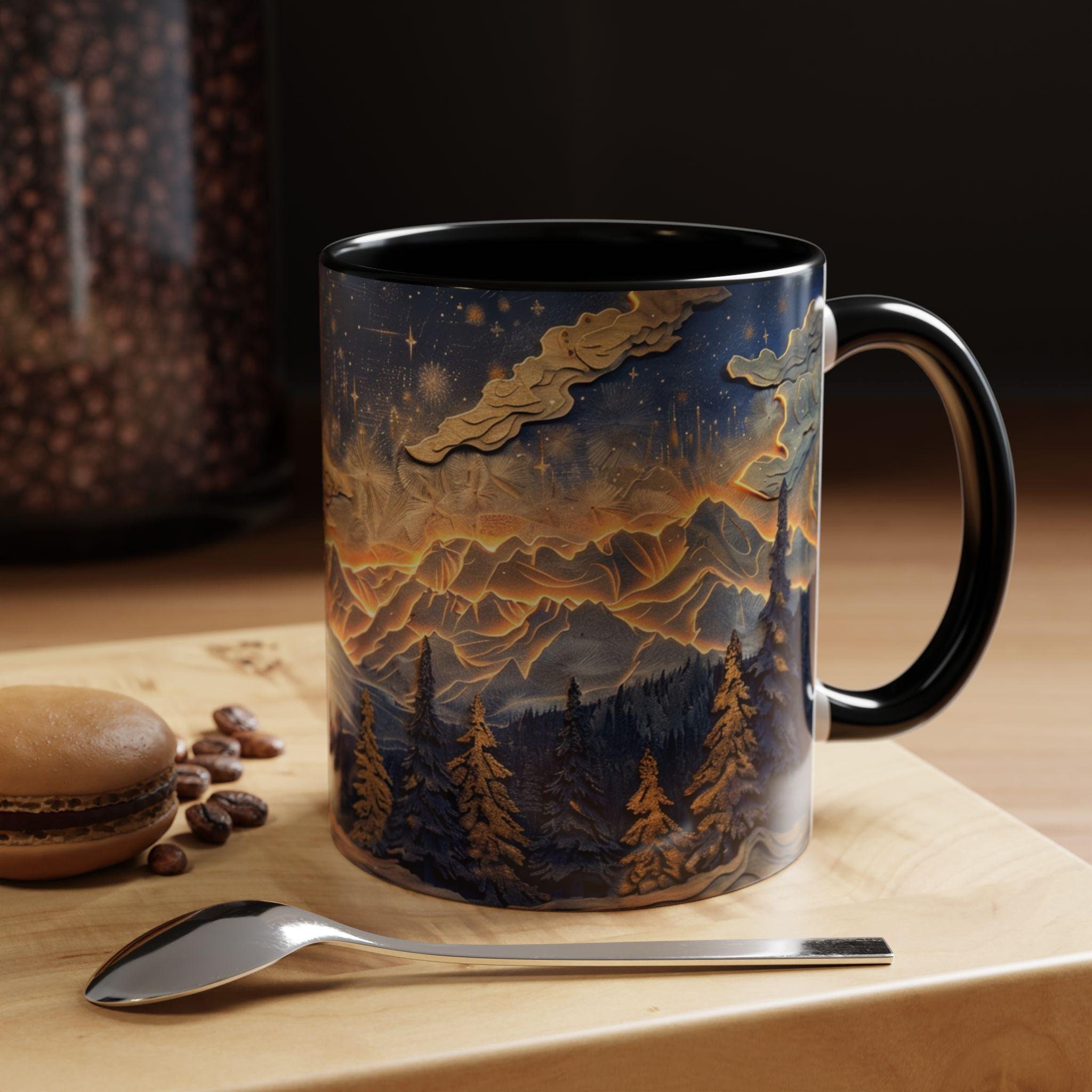 Mountain and Trees Mug Coffee Mug Wood Panel Effect Tea Mug Carved Wood ...