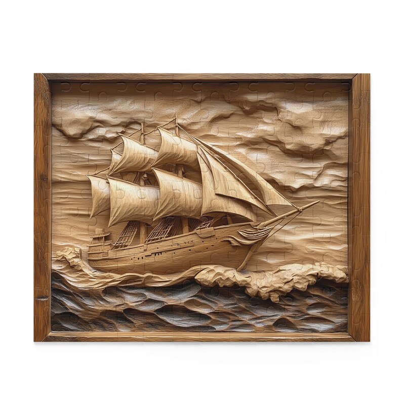 Sailing Ship Puzzle, Wood Carved Effect Style Nautical Jigsaw, Rustic ...