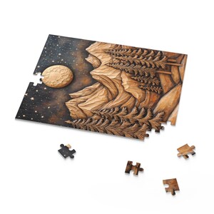 Mountain and Trees Puzzle Wood Panel Effect Puzzle Carved Wood Style ...