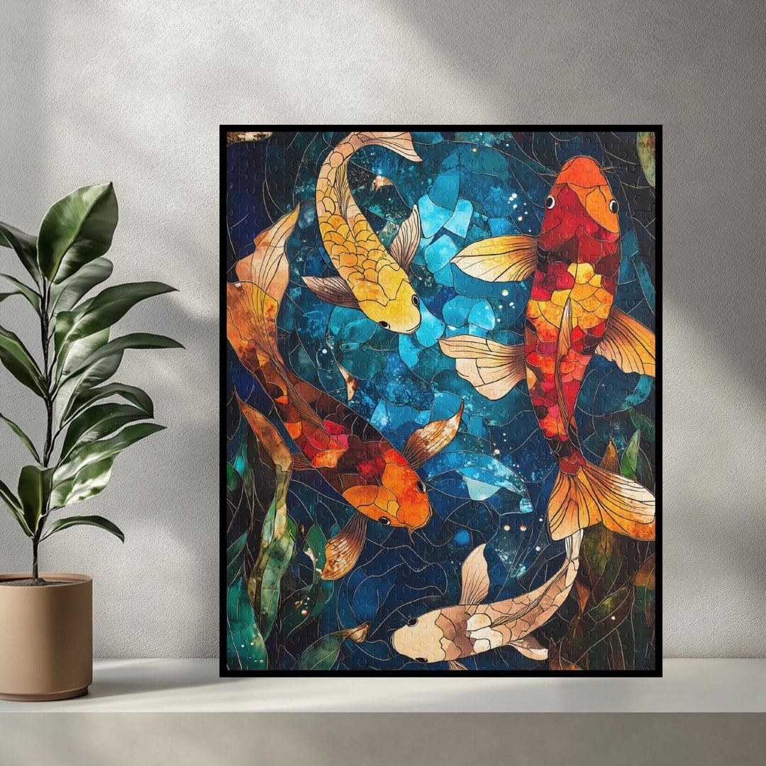 Koi Fish Puzzle, Stained Glass Koi Fish Puzzle, Aquatic Jigsaw ...