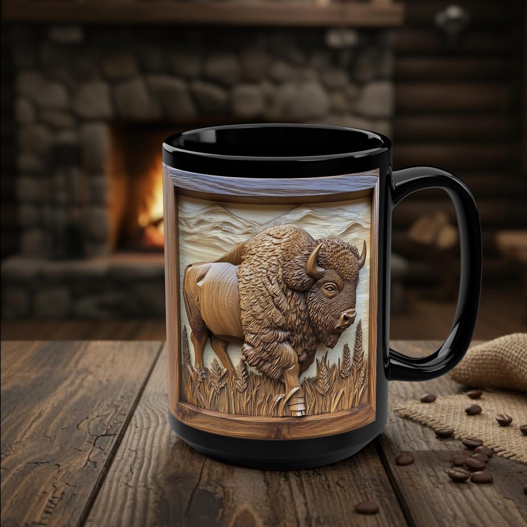 Bison Coffee Mug, Wood Carved Style Print Rustic Buffalo Cup, Great ...