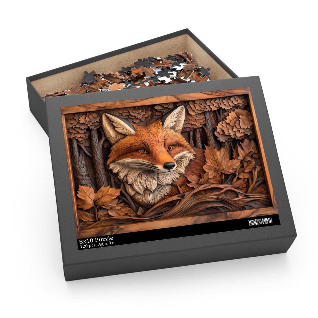 Fox Puzzle, Wood Carved Print Effect Fox Jigsaw Puzzle, Wildlife Puzzle ...
