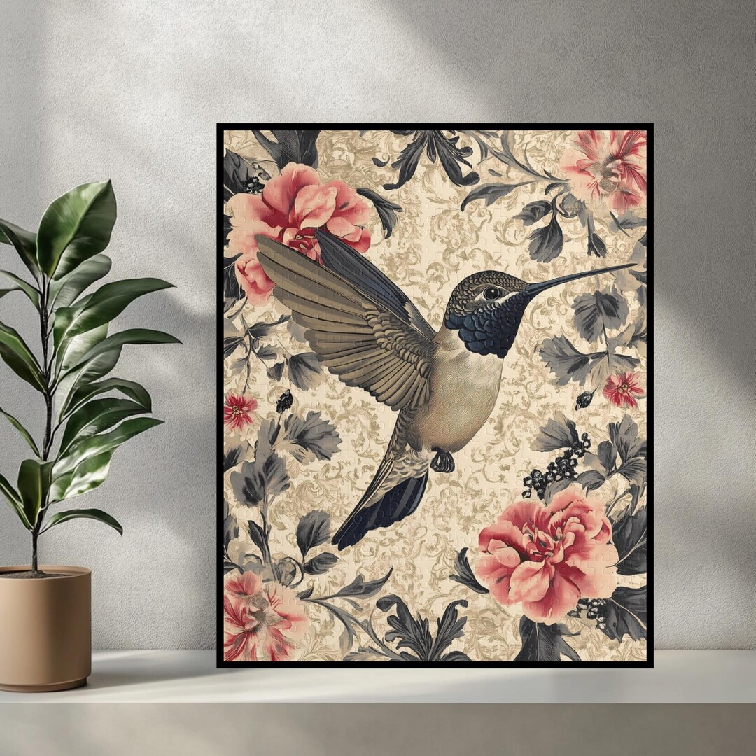 Vintage Floral Hummingbird Puzzle Boho Humming Bird Flower Art Puzzle ...
