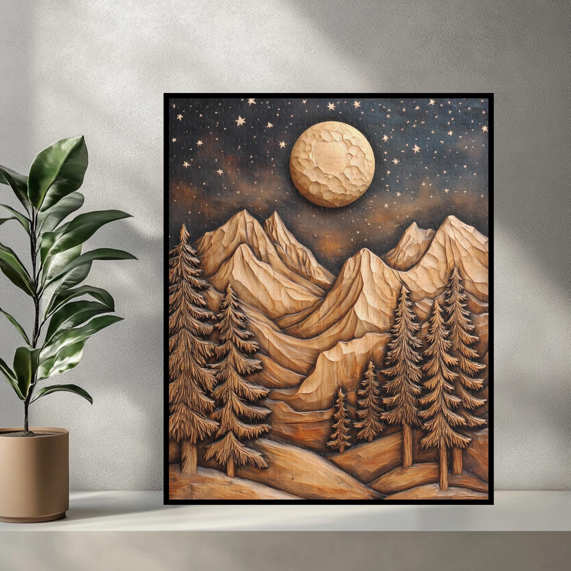 Mountain and Trees Puzzle Wood Panel Effect Puzzle Carved Wood Style ...