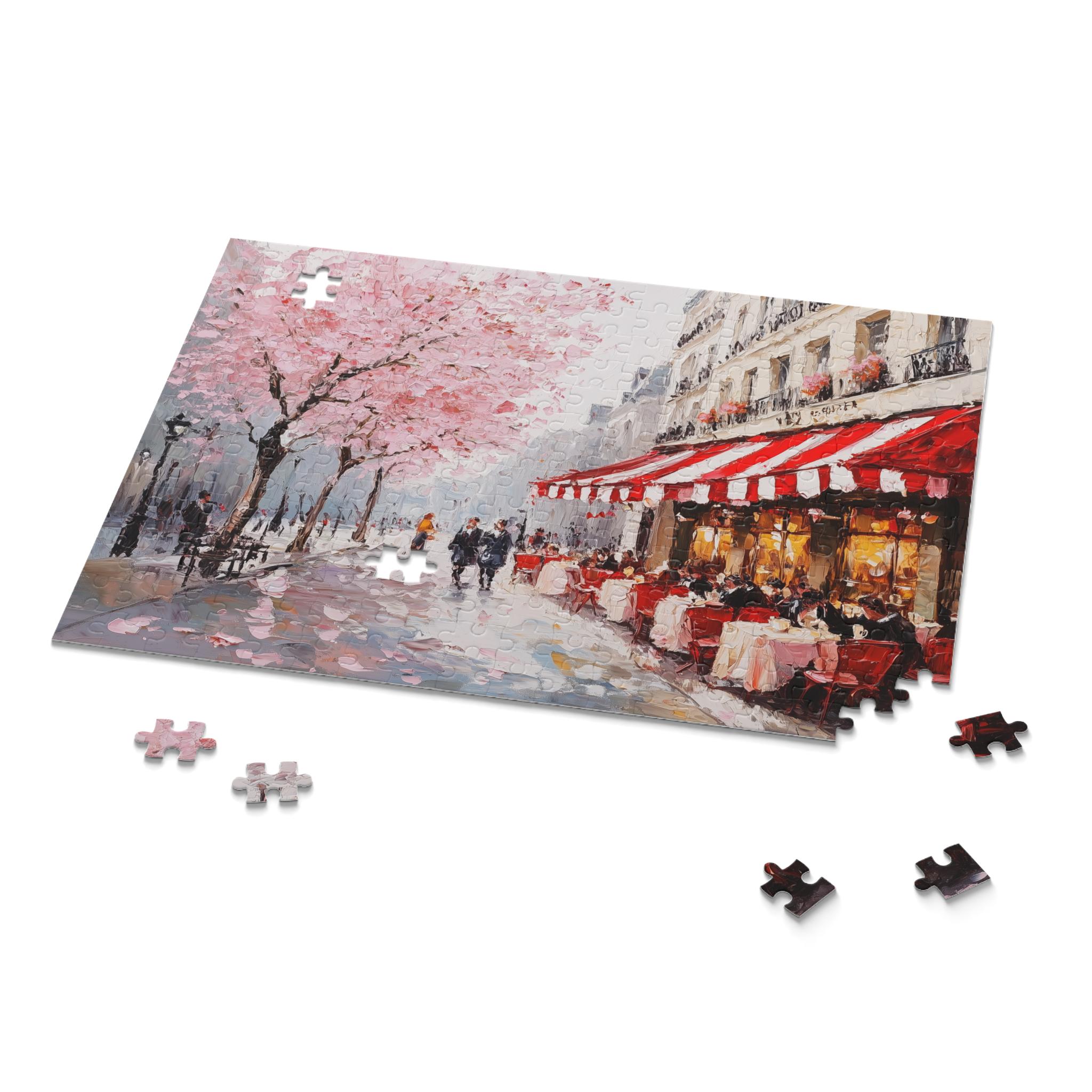 Paris Cafe Art Puzzle, Cherry Blossoms and Eiffel Tower Jigsaw ...
