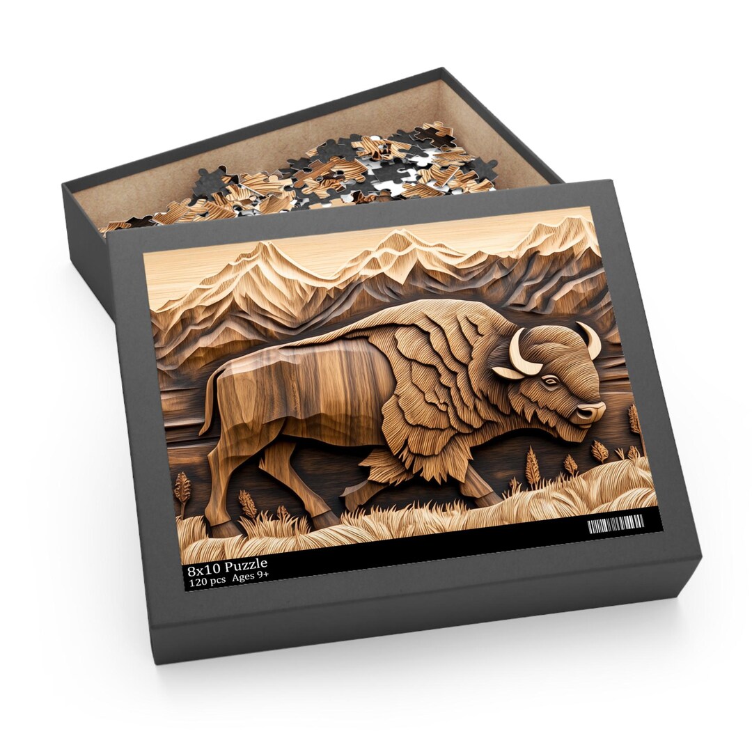 Bison Puzzle, Buffalo Jigsaw, Wood Carved Print Effect Bison Jigsaw ...