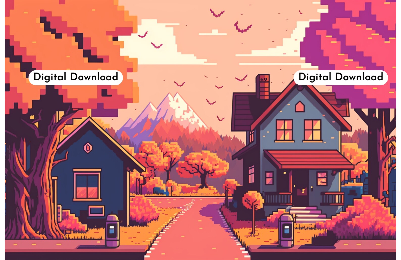 Japanese Video Game Pixel Art Town Digital File Download Print At Home 8 Bit Gamer Lo Fi