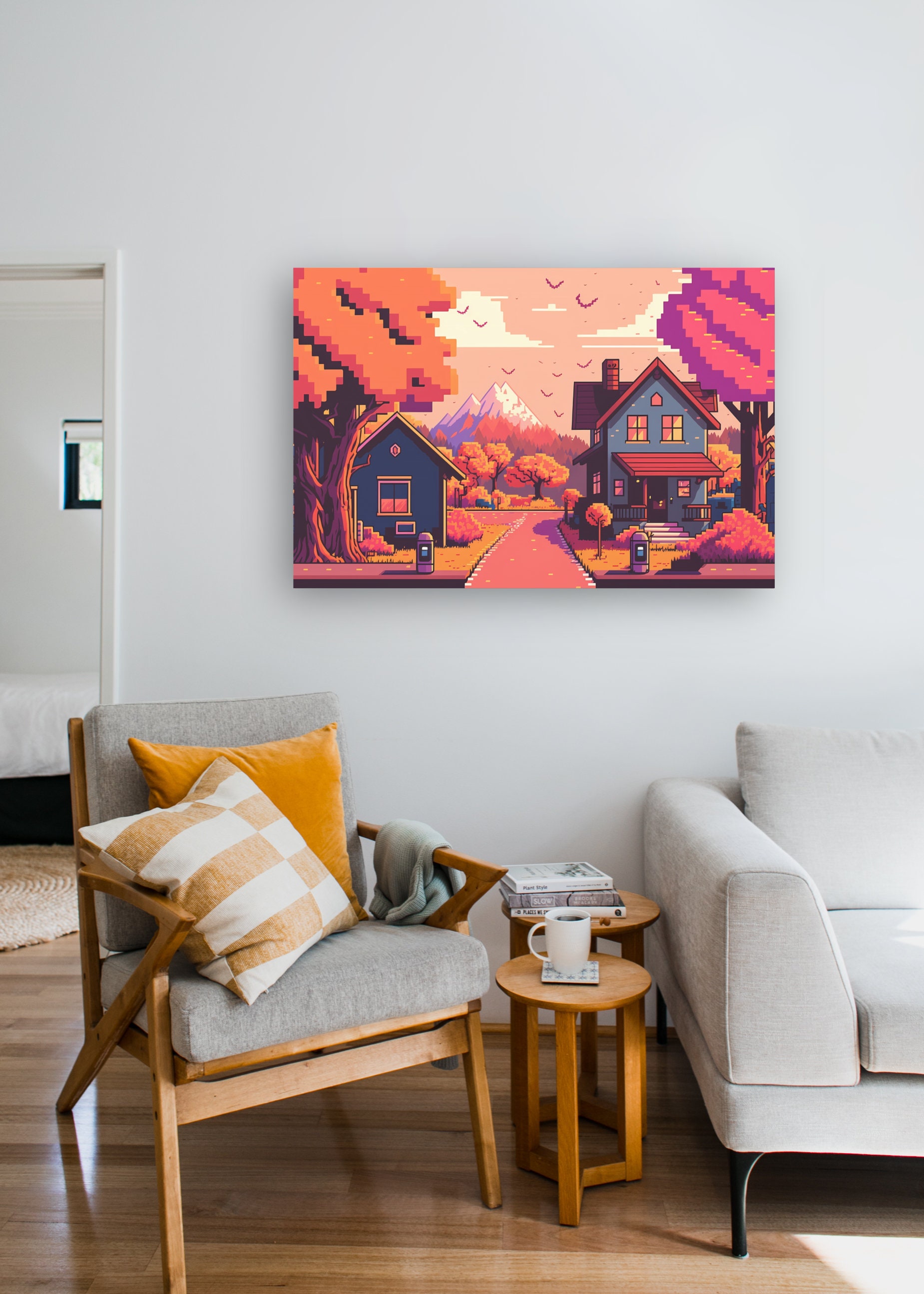 Japanese Video Game Pixel Art Town Wall Art, Video Game Village, Pixel ...