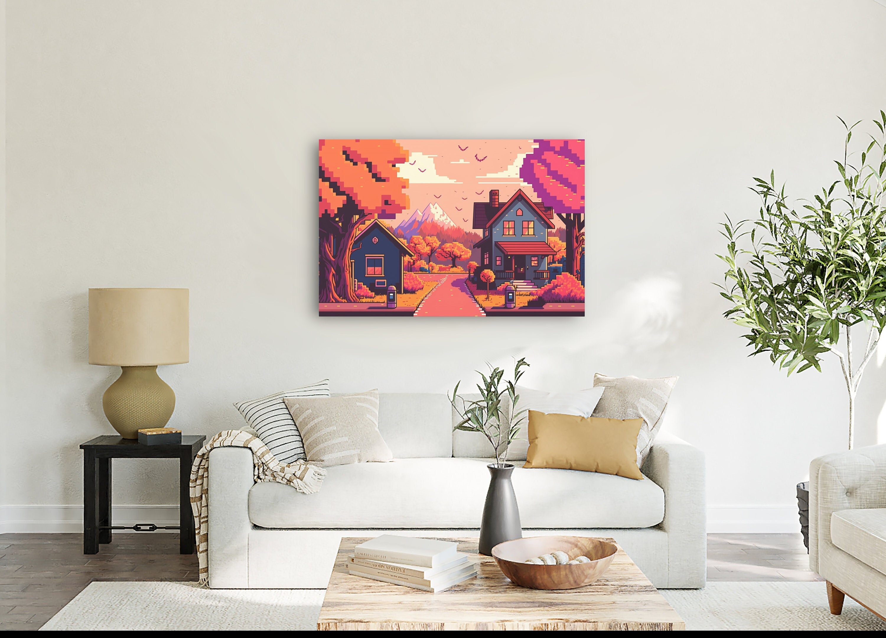 Japanese Video Game Pixel Art Town Wall Art, Video Game Village, Pixel ...