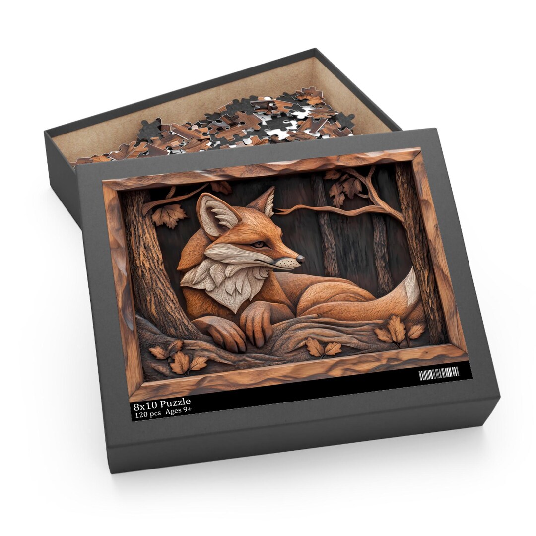 Fox Puzzle, Wood Carved Print Effect Fox Jigsaw Puzzle Gift, Wildlife ...