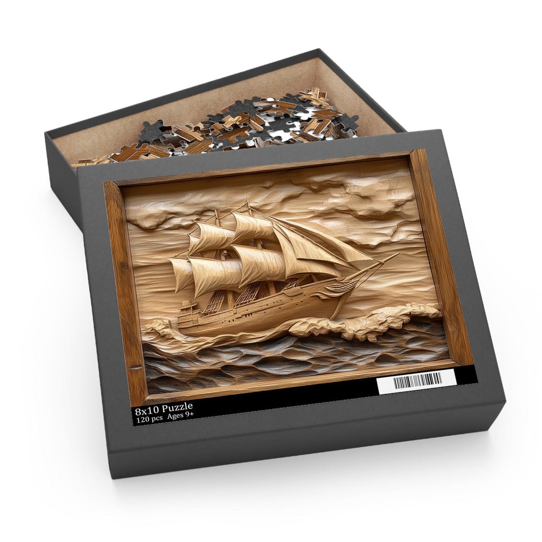 Sailing Ship Puzzle, Wood Carved Effect Style Nautical Jigsaw, Rustic ...