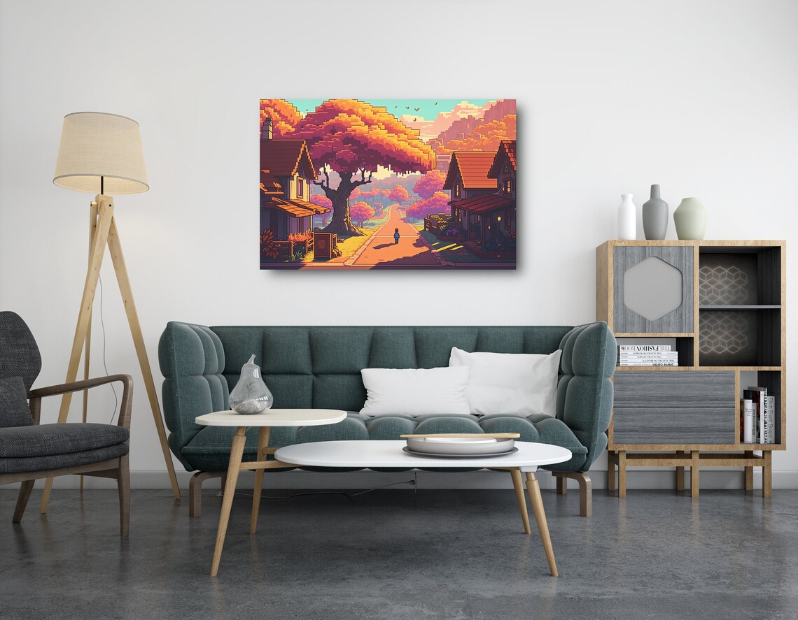 Pixel Art Japanese Video Game Town Wall Art, Video Game Village, Pixel ...