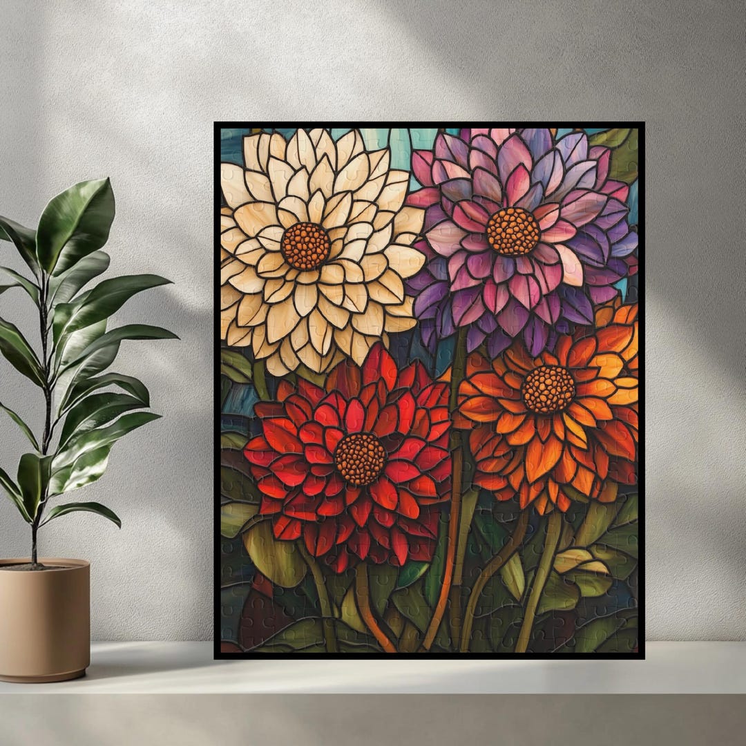 Dahlia Puzzle, Stained Glass Dahlias Art Jigsaw, Floral Decor Puzzle ...