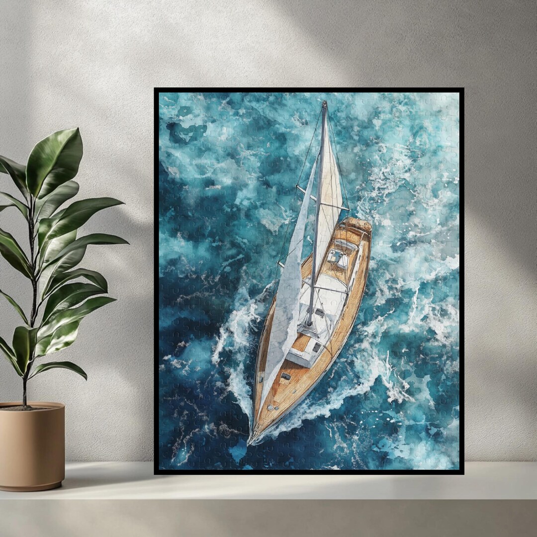 Sailboat Puzzle, Watercolor Ocean Art Jigsaw, Nautical Puzzle for ...