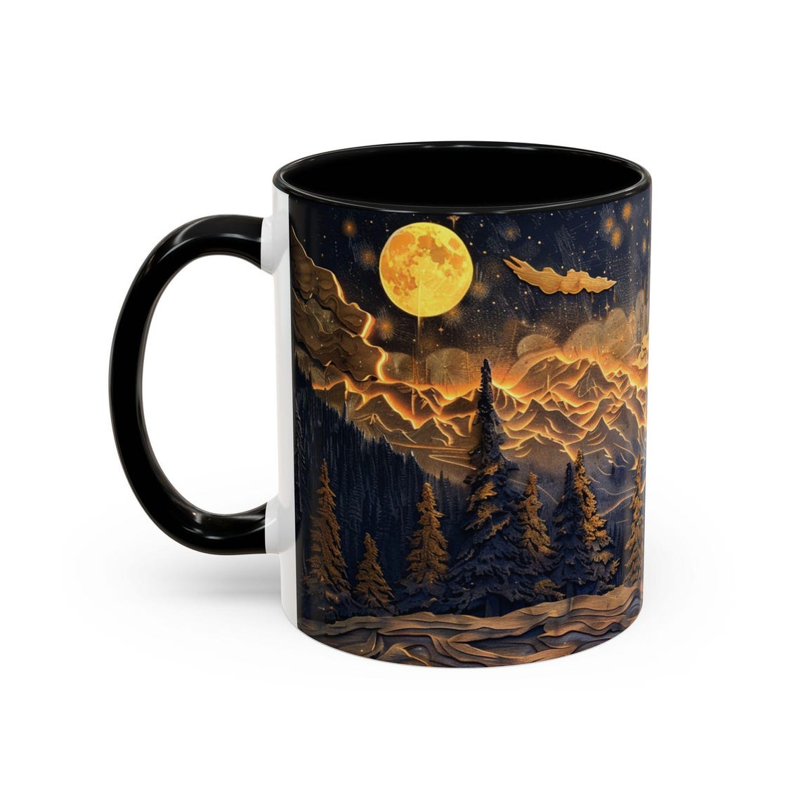 Mountain and Trees Mug Coffee Mug Wood Panel Effect Tea Mug Carved Wood ...