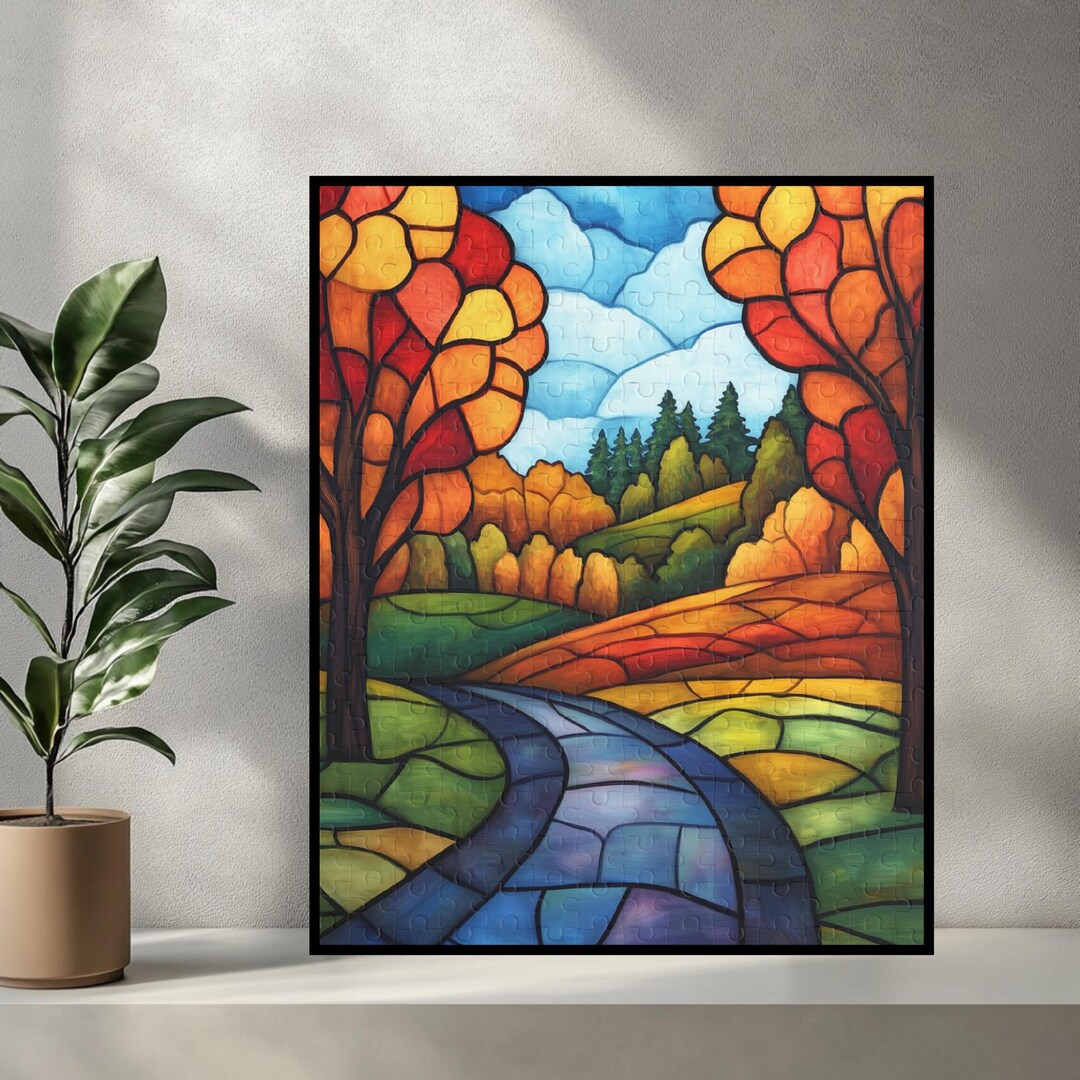 Autumn Road Puzzle, Scenic Stained Glass Style Fall Landscape Jigsaw ...