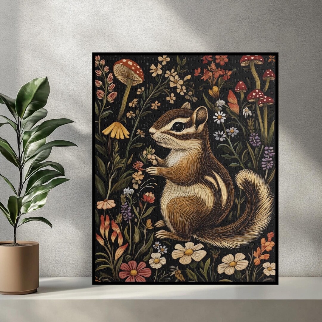 Chipmunk Puzzle, Boho Floral Cottagecore Chipmunk Jigsaw Puzzle ...