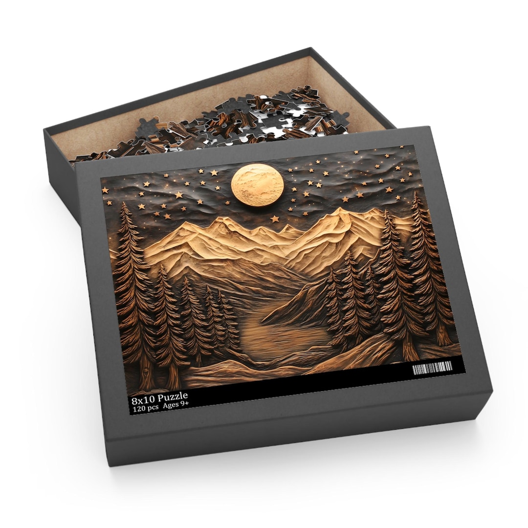 Mountain and Trees Puzzle Wood Panel Effect Puzzle Carved Wood Style ...