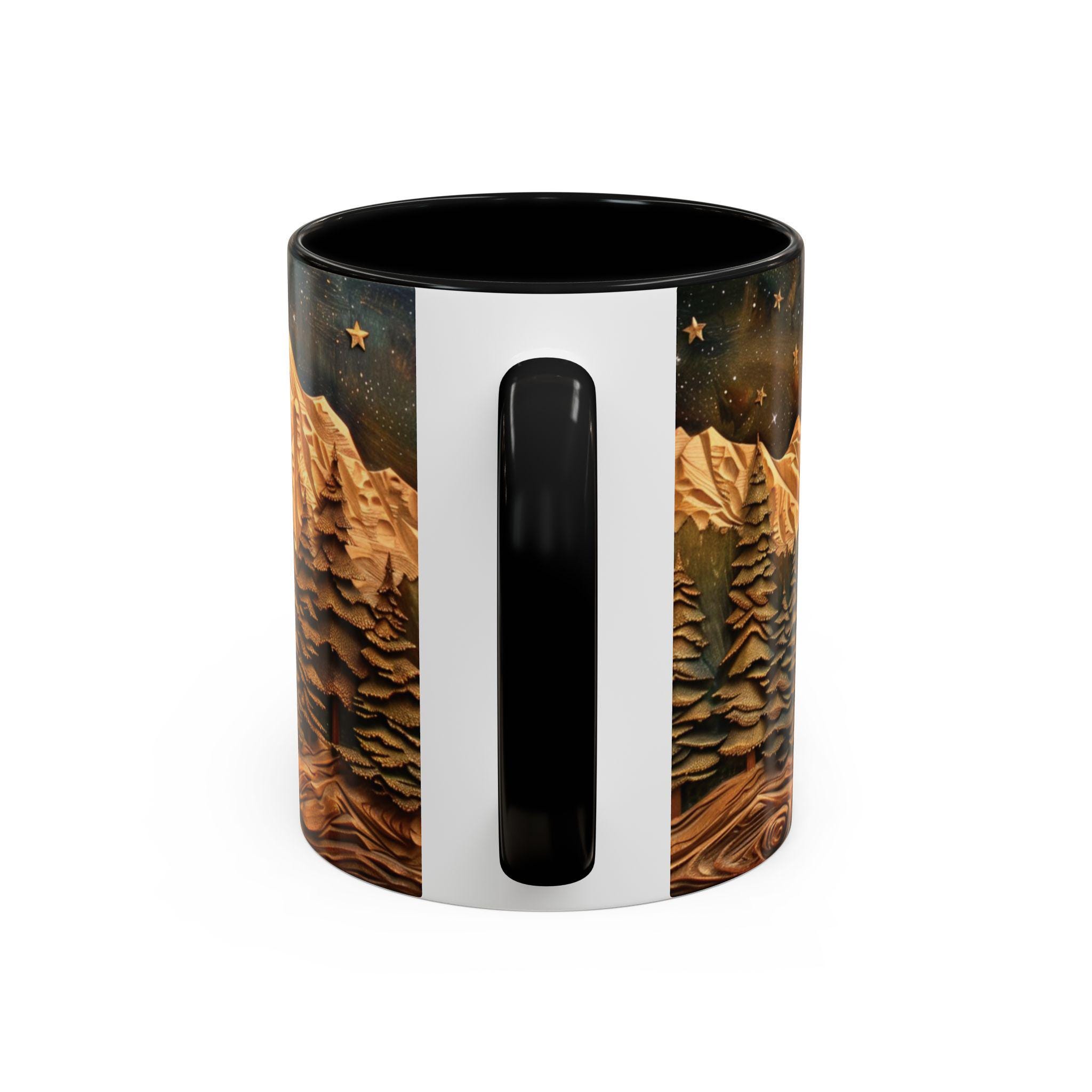 Mountain and Trees Mug Coffee Mug Wood Panel Effect Starry Night Tea Mug Carved Style Moon and ...