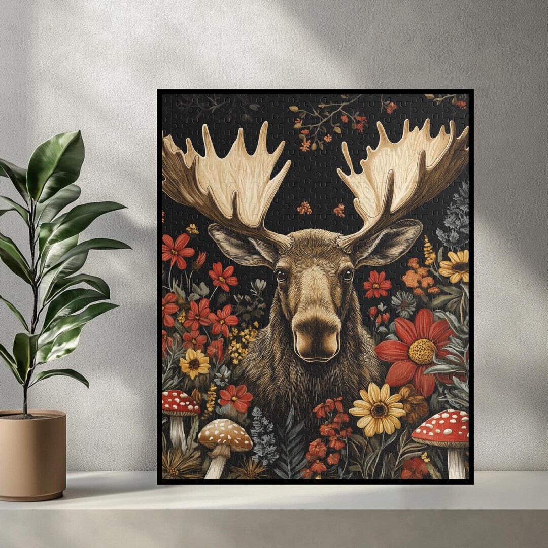 Moose Puzzle, Boho Floral Cottagecore Moose Jigsaw Puzzle, Beautiful ...