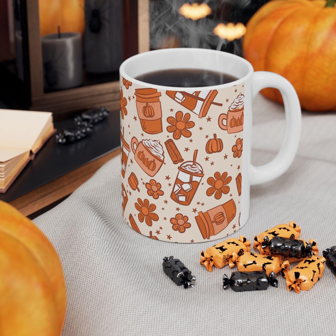 Fall Pumpkin Spice Pattern Coffee Mug, Cute Orange Fall Mug, Autumn Mug ...