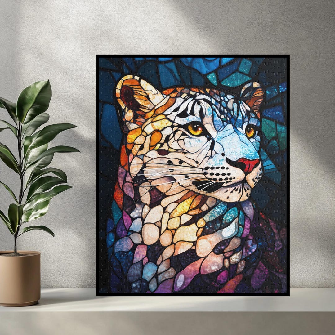 Snow Leopard Puzzle, Stained Glass Snow Leopard Puzzle, Leopard Art ...