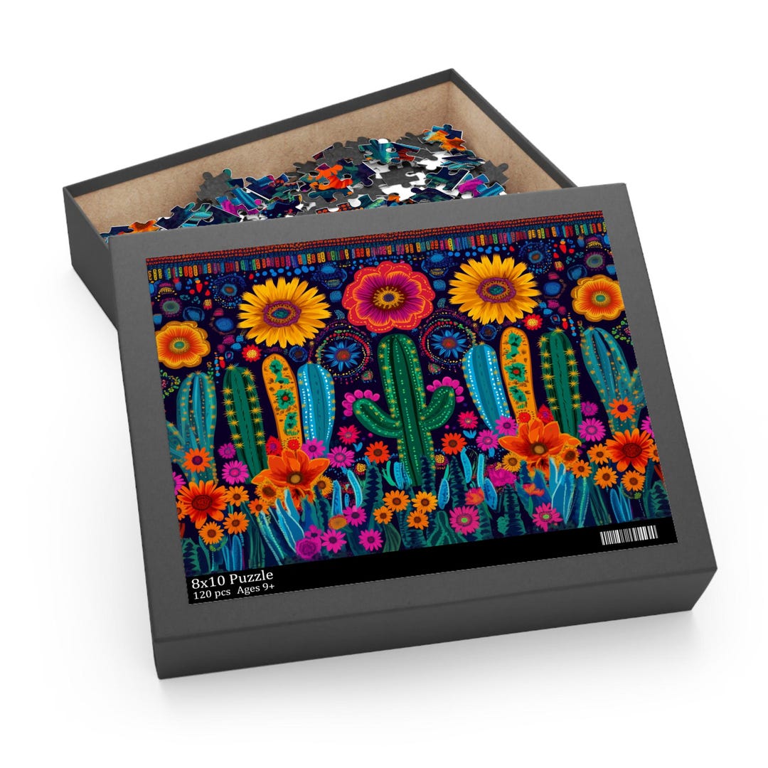 Mexican Crochet Art Puzzle, Colorful Southwestern Cactus and Flowers ...