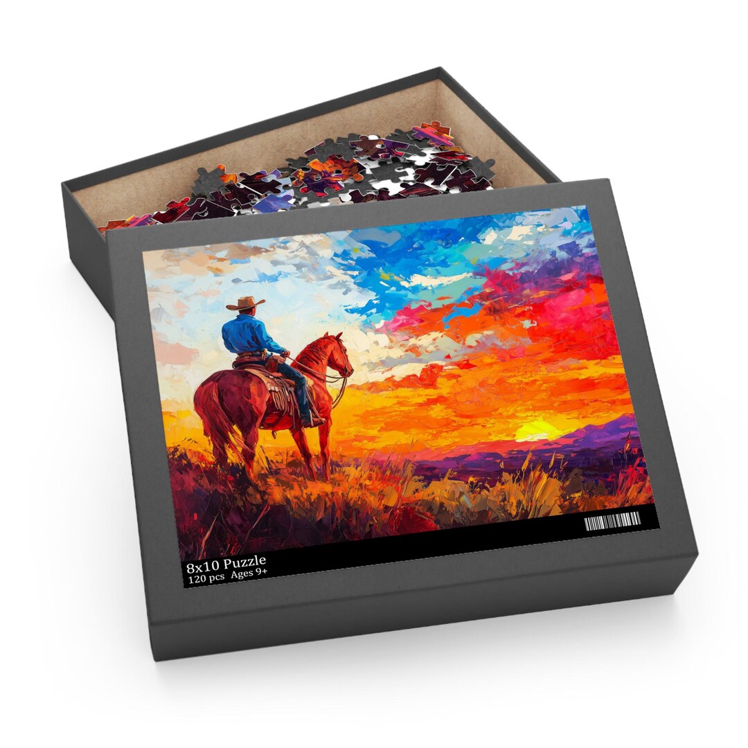 Cowboy Puzzle, Cowboy Horse Riding Sunset Art Jigsaw, Western Lover ...