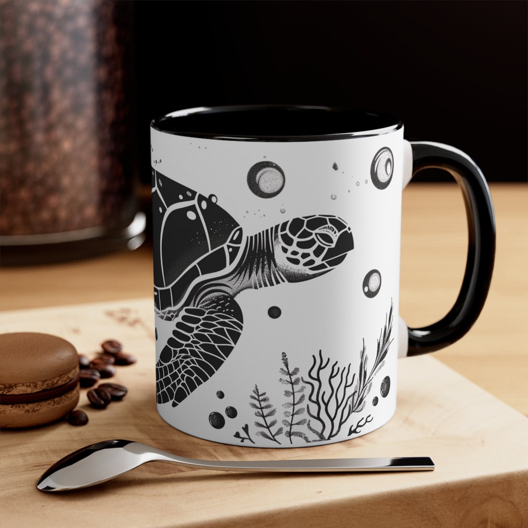 Turtle Mug, Black and White Sea Turtle Coffee Cup, Turtle Lover Tea Mug ...