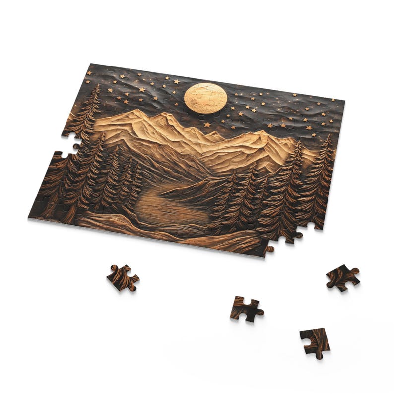 Mountain and Trees Puzzle Wood Panel Effect Puzzle Carved Wood Style ...