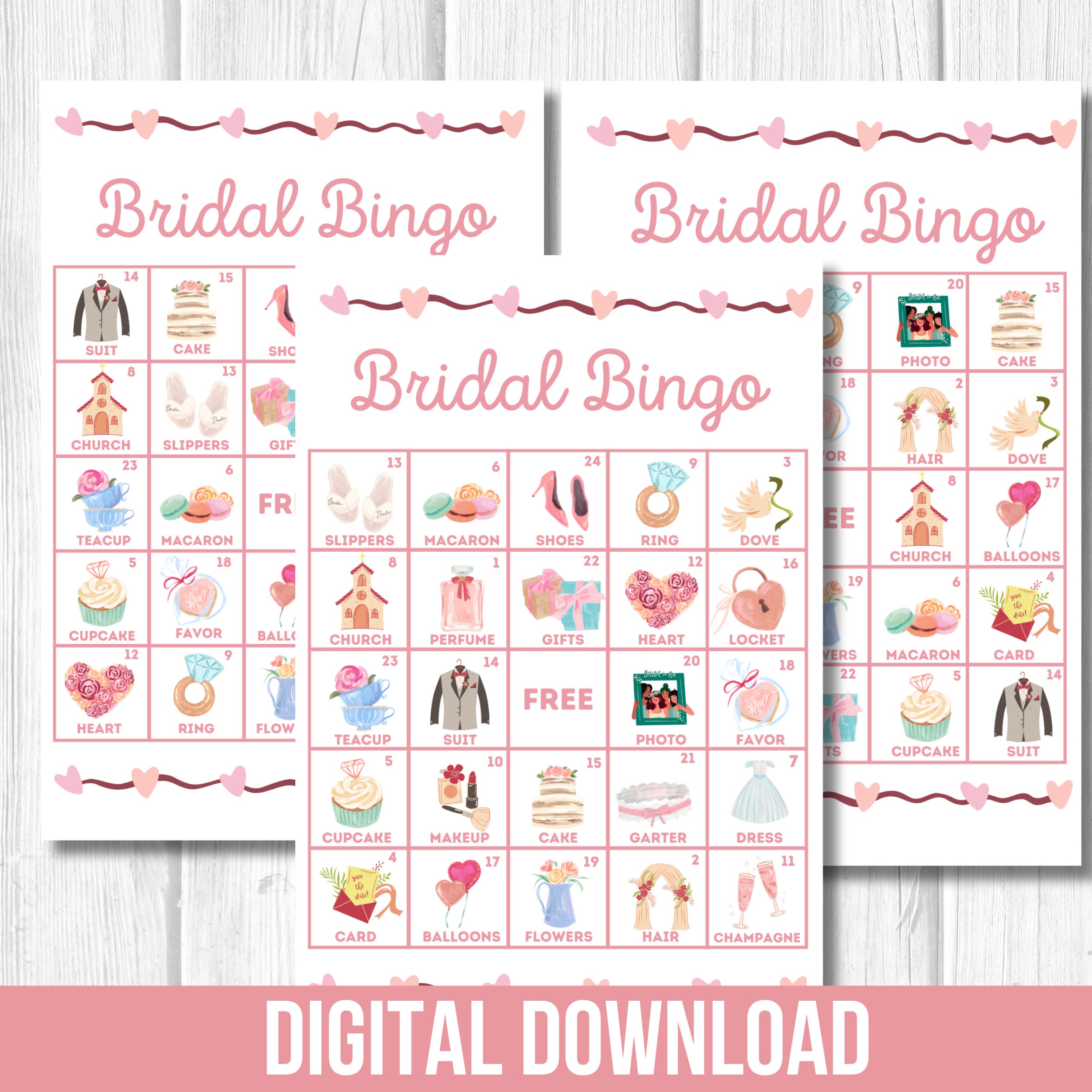 Bridal Bingo Cards | 30 Picture Bingo Game Cards | Printable Bridal ...