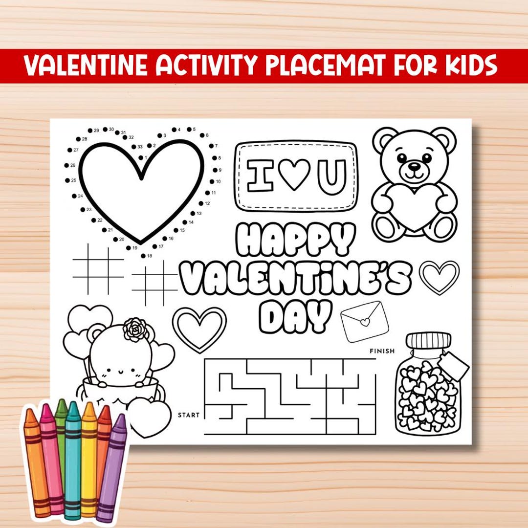 Valentine's Day Activity Placemat | Kids Coloring Page (digital ...