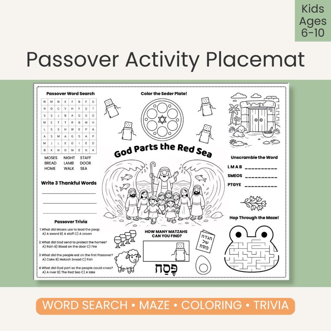 Passover Activity Placemat for Kids, Kids Seder Printable, Passover ...