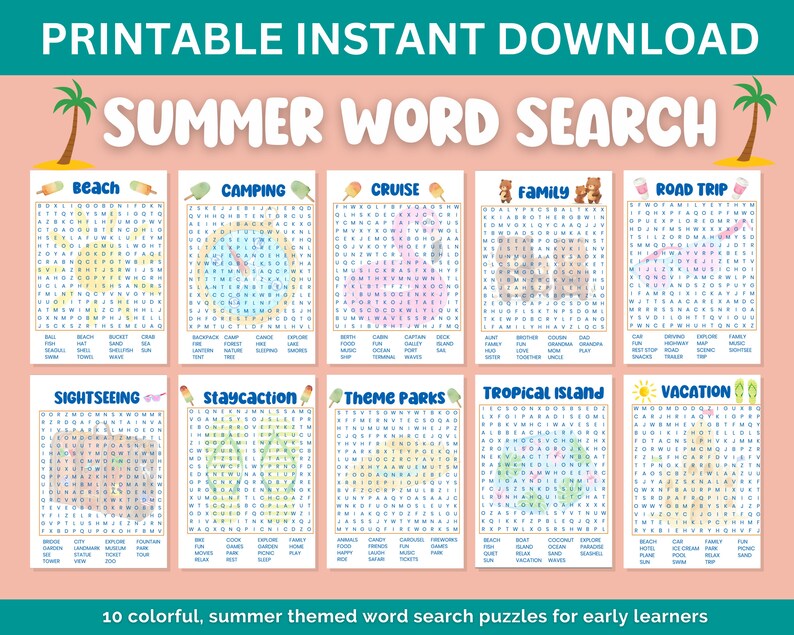 Summer Word Search Printable, 10 Large Print Summer Puzzle Book for ...