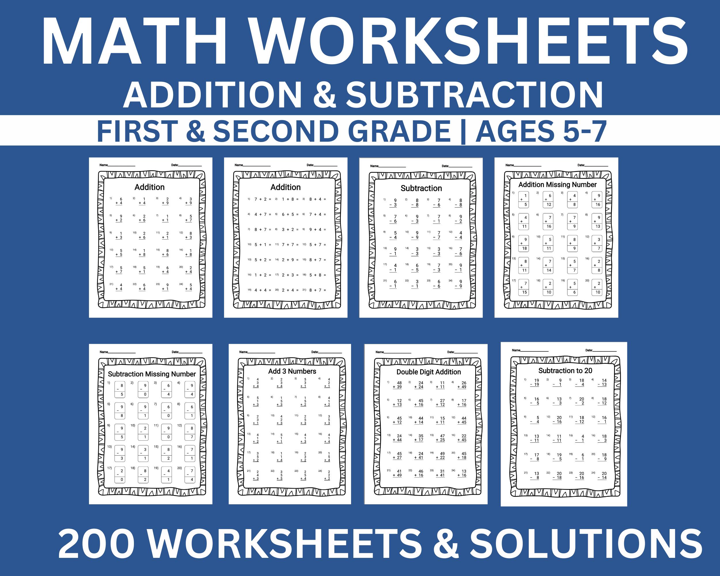 Math Worksheets: Addition & Subtraction, 1st-2nd Grade (PDF) - Etsy