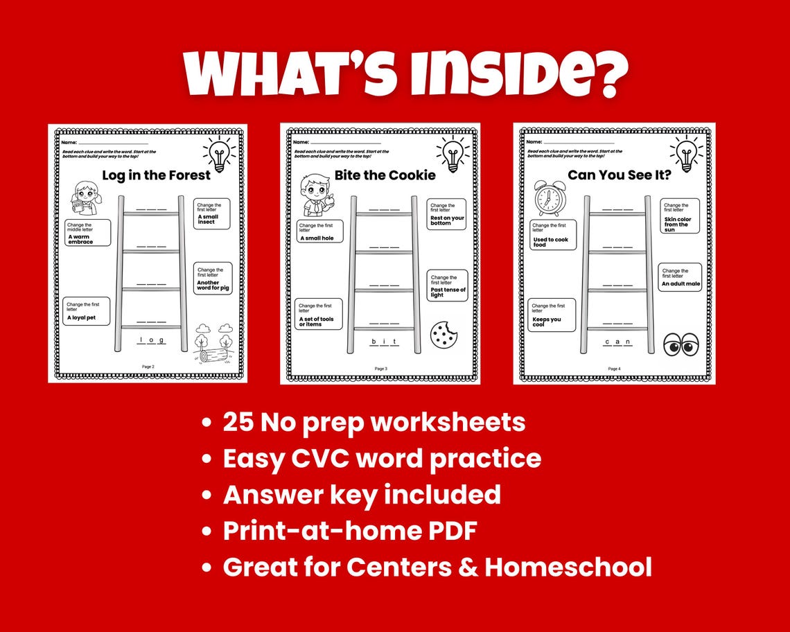 CVC Word Ladder Worksheets, Kindergarten Phonics Activity, Learn to ...