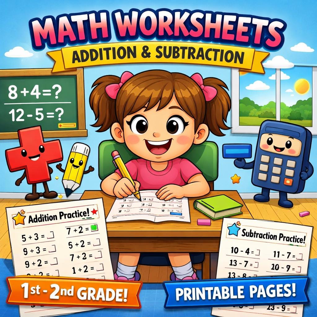 1st & 2nd Grade Math Worksheets – Addition and Subtraction Practice ...