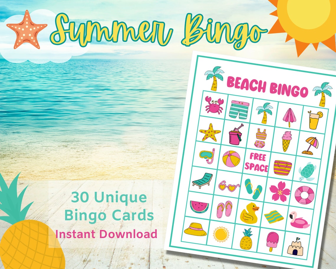 Printable Summer Bingo Summer Party Game Large Group Bingo Travel Games ...