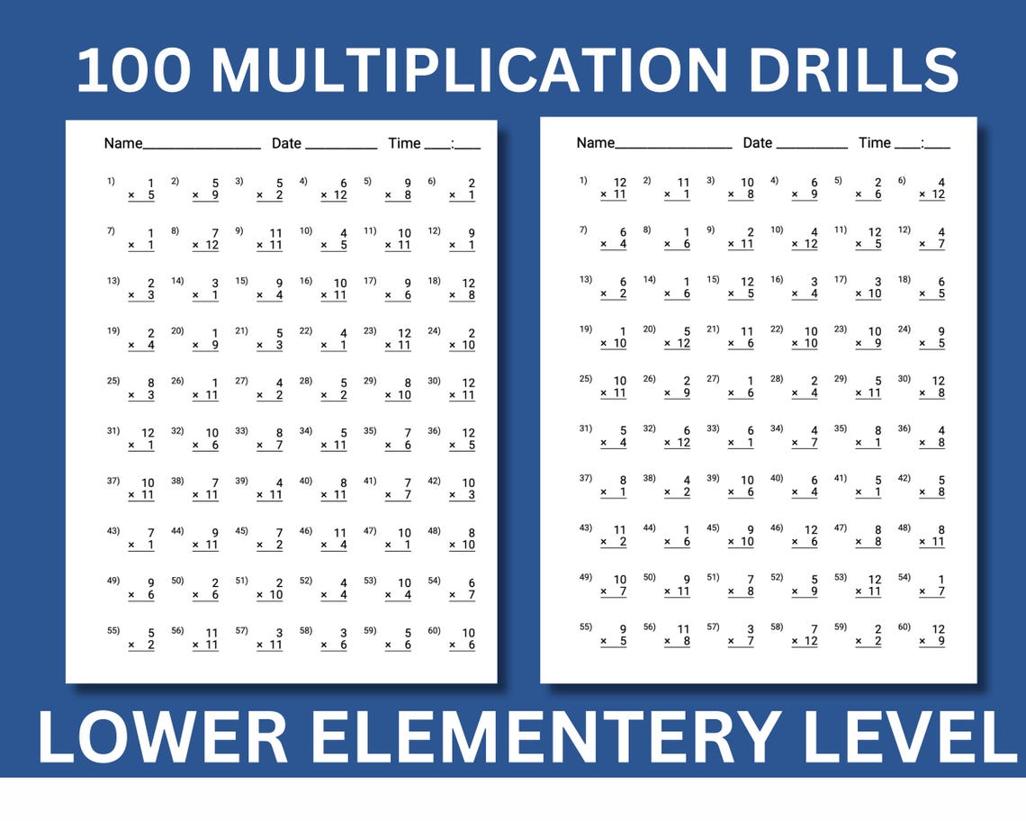 100 Multiplication Drills Worksheets: Math Facts 1-12 (printable PDF ...
