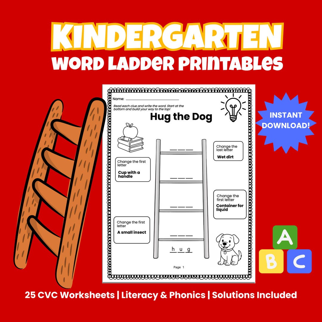 CVC Word Ladder Worksheets: Kindergarten Phonics Game (PDF Downloadable ...